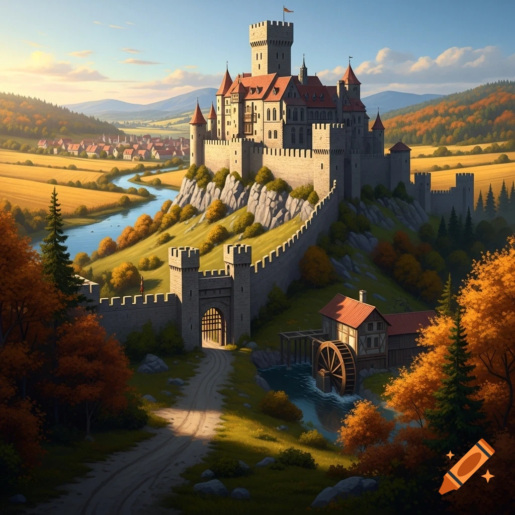A grand medieval castle on a hill, surrounded by autumn trees and ...