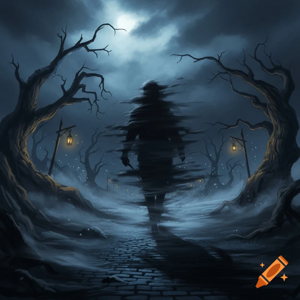 A shadowy figure walks down a cobblestone path through a misty, moonlit ...