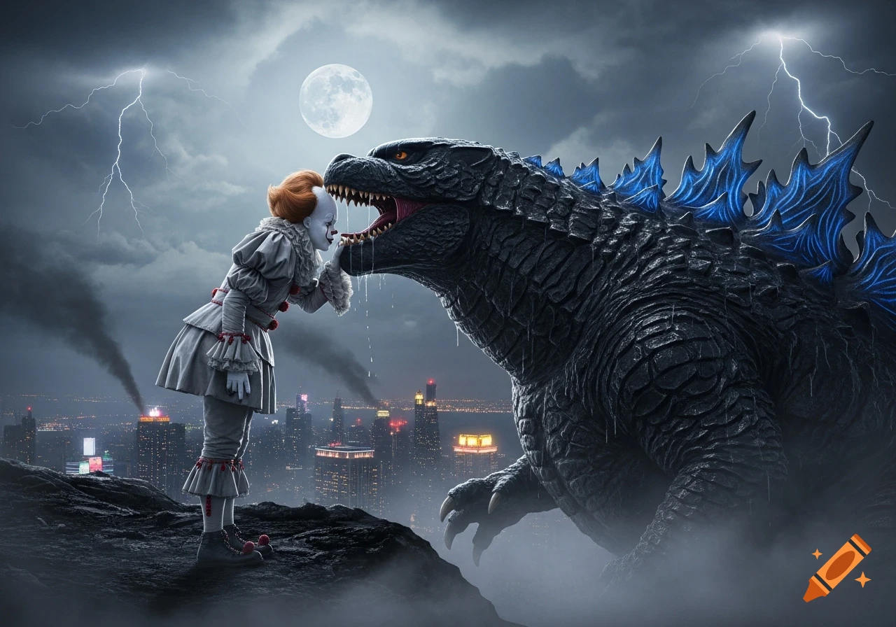 Pennywise the clown licks Godzilla's chin under a stormy full moon sky ...