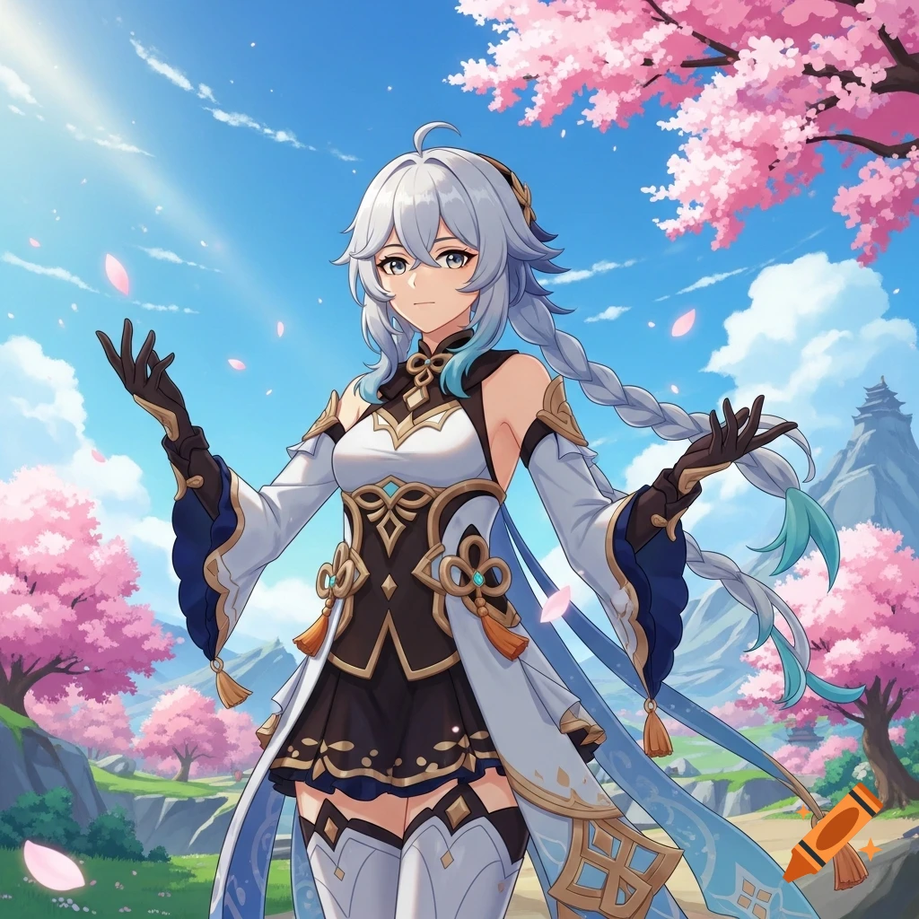 A vibrant anime character with light blue braided hair, wearing a white ...
