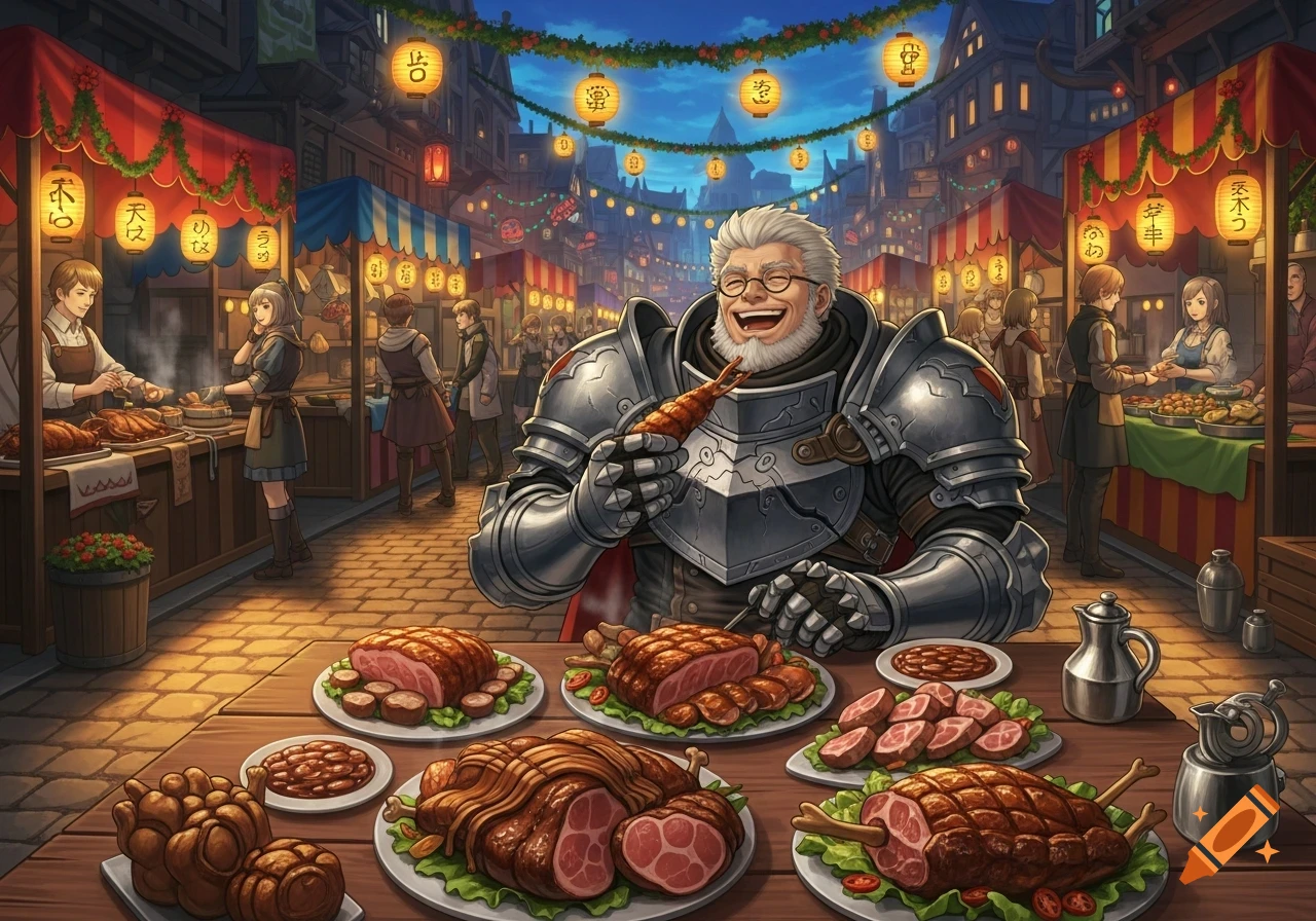 Anime-style knight in armor happily devours a massive meat feast at a ...