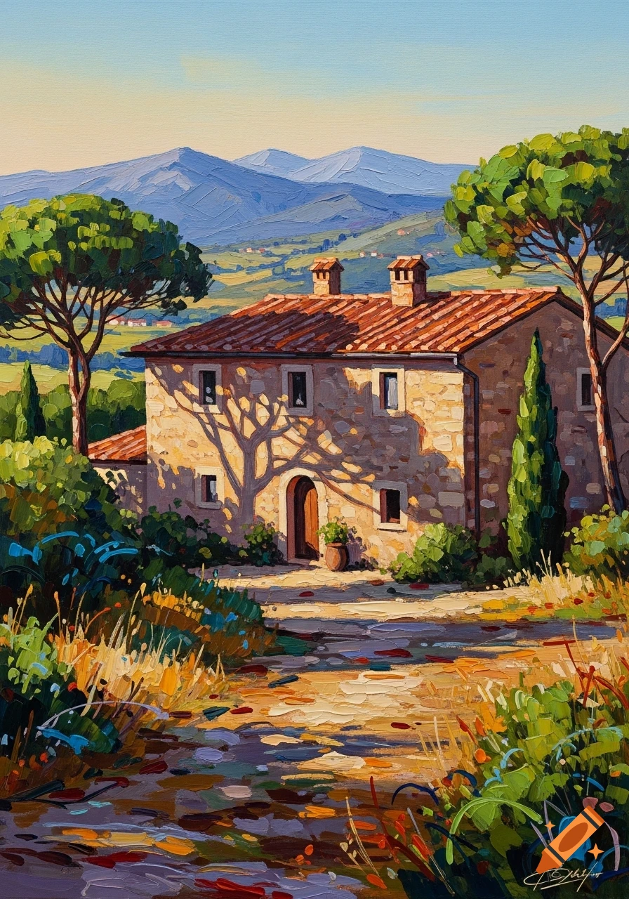 Expressive acrylic painting of a stone Tuscan farmhouse with a red roof ...