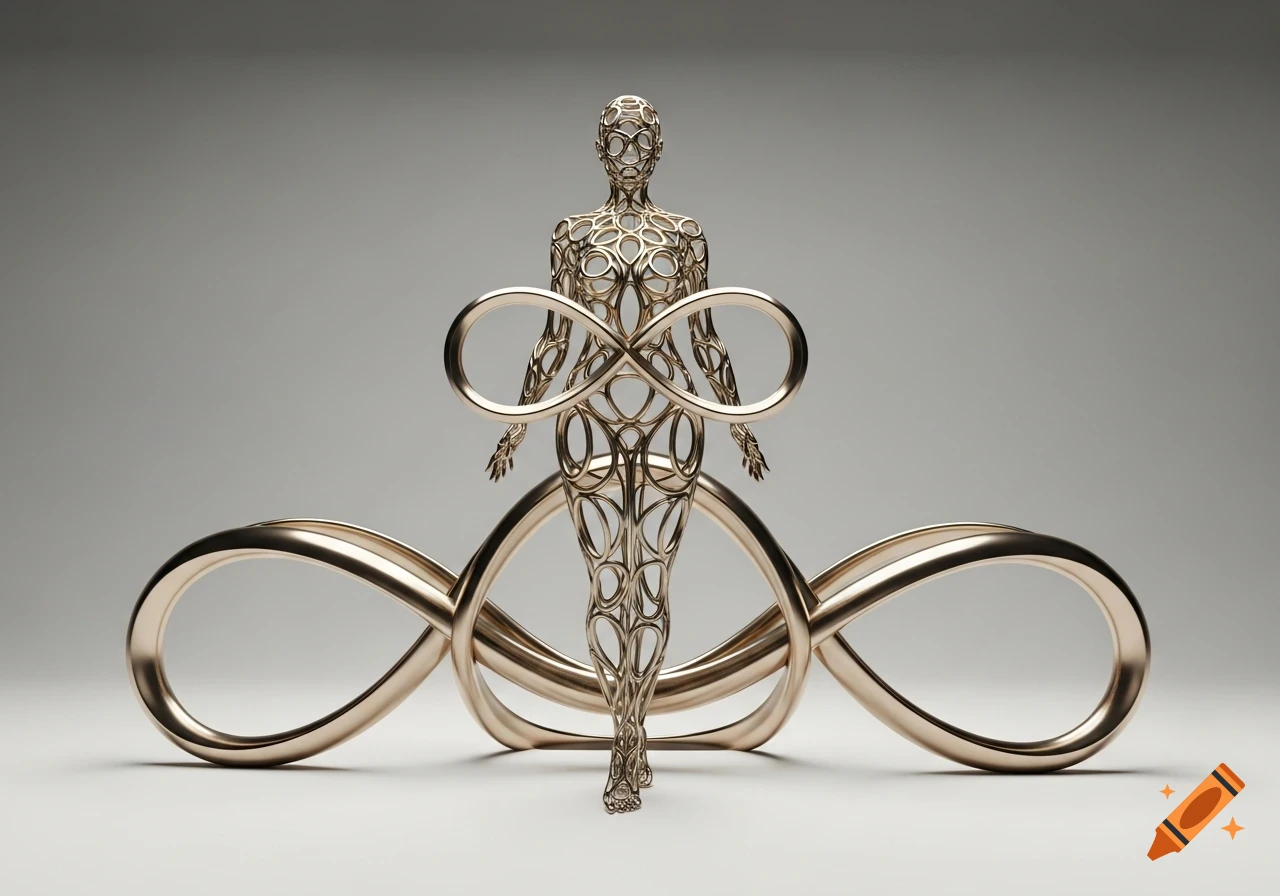 A metallic abstract sculpture of a human figure made from intertwined ...