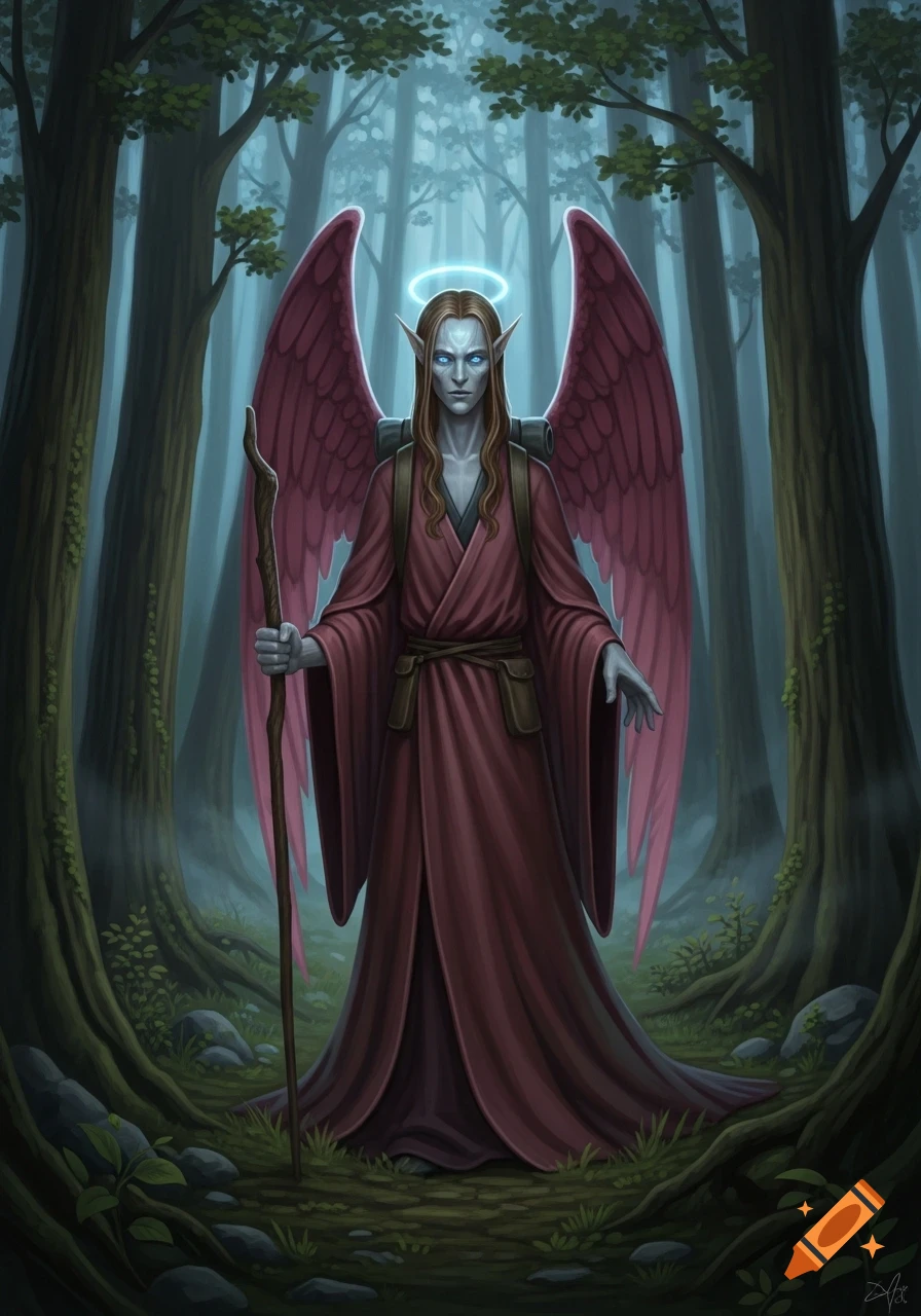 A pale-skinned, androgynous fantasy character with maroon wings and a ...