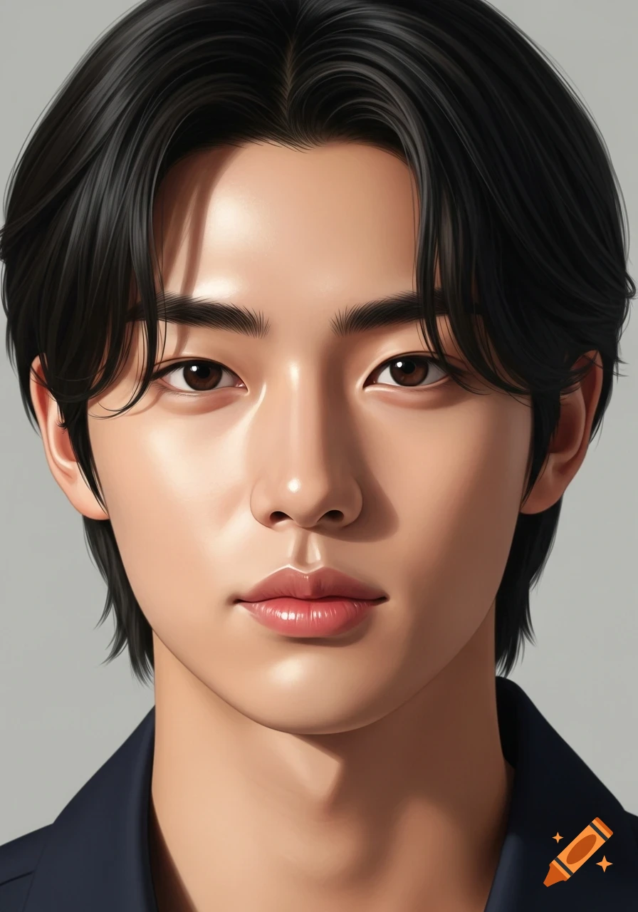 A stylized digital painting of a young Korean man with dark hair and a ...