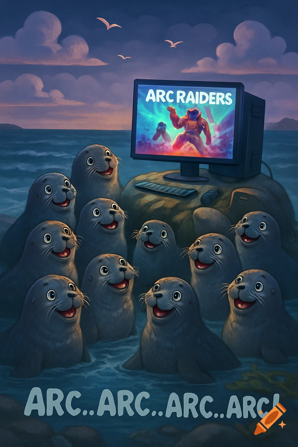A group of joyful seals in the ocean intently watch the 'Arc Raiders ...