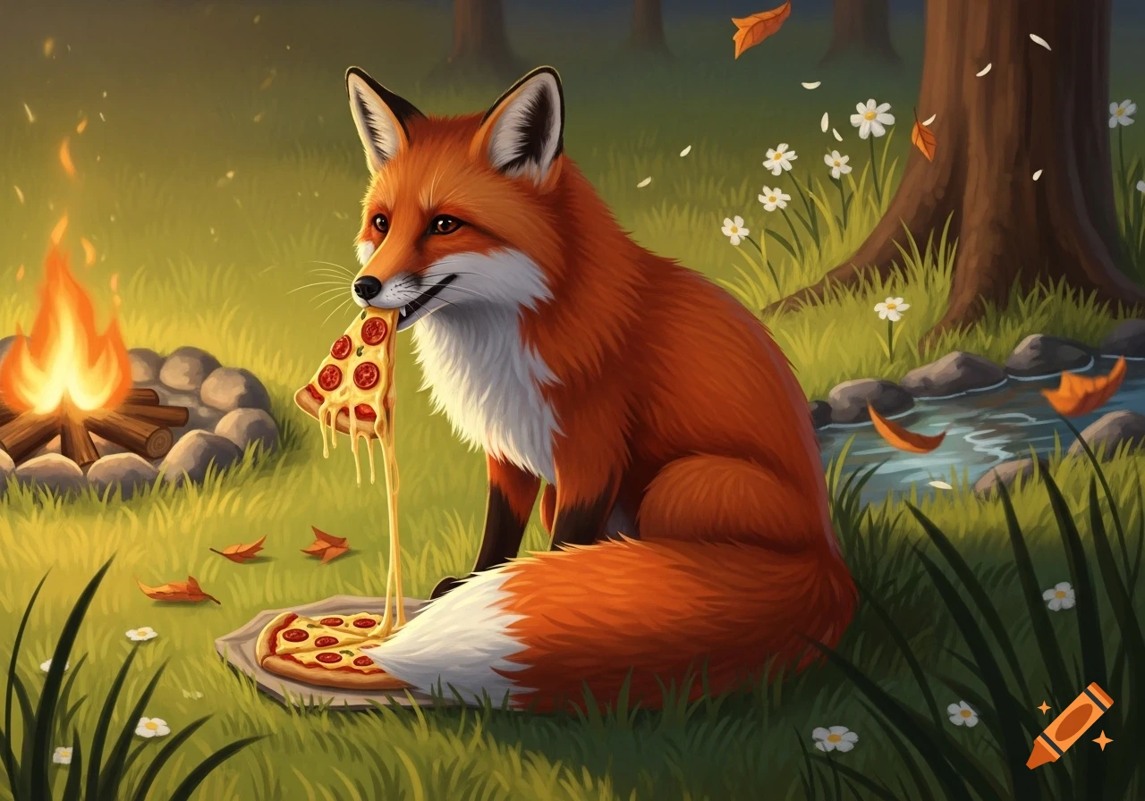 An illustrated fox sits by a campfire, happily eating a slice of ...