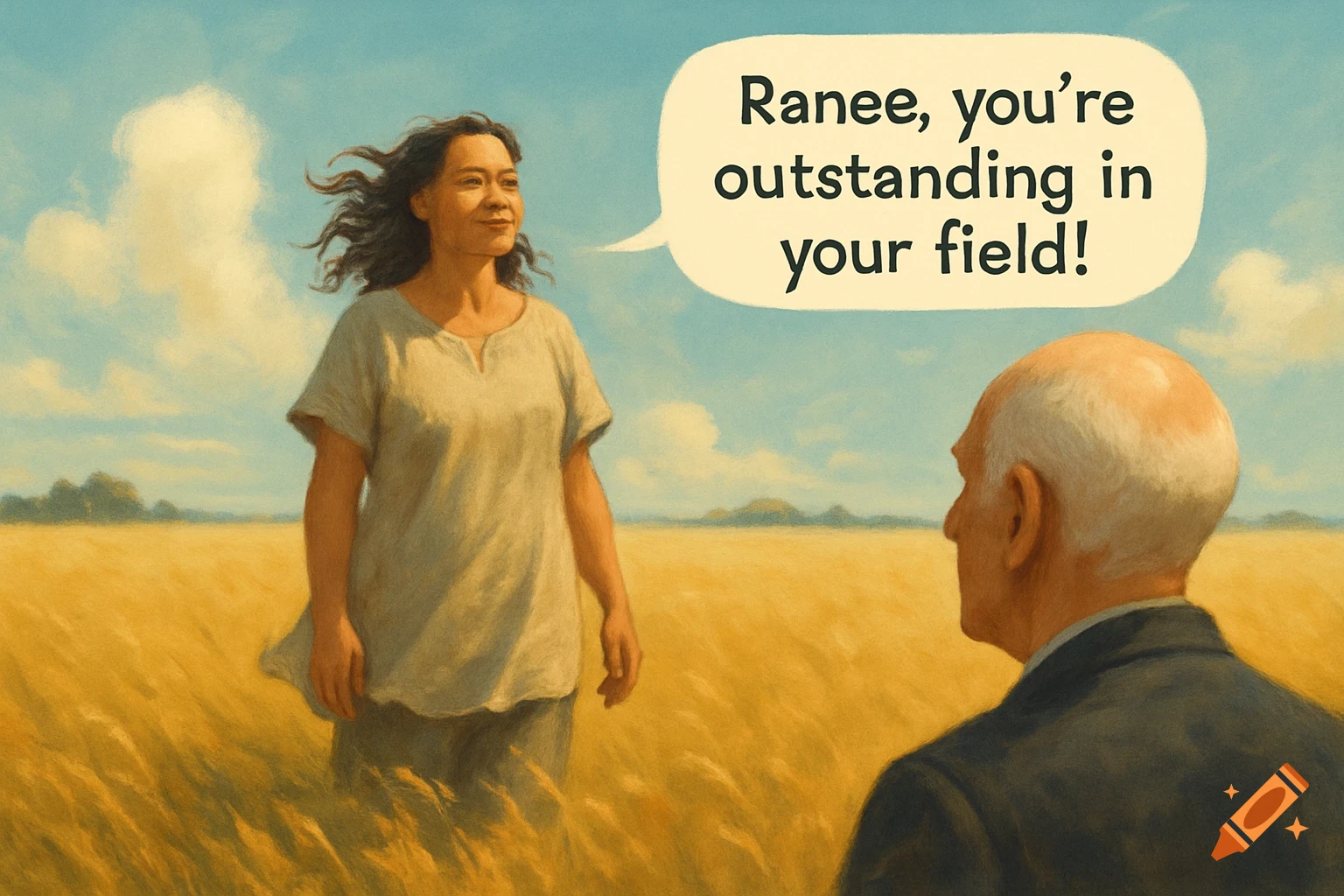 A woman stands in a golden field, looking into the distance as a man ...