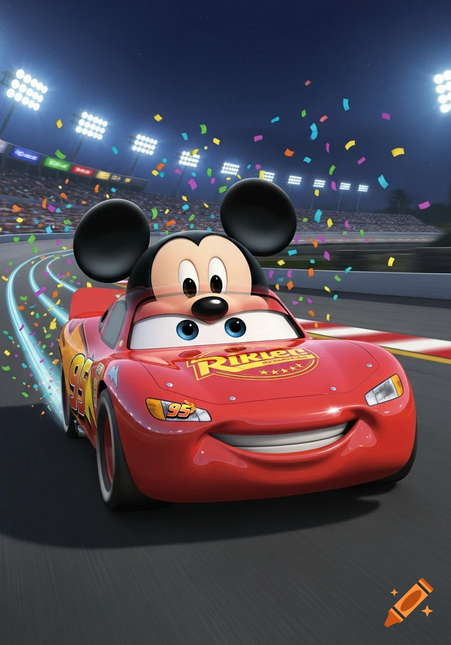Lightning McQueen, wearing a Mickey Mouse head as a helmet, races on a ...