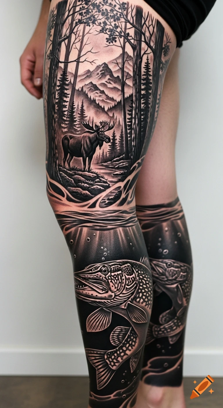 Hyper-realistic black and grey leg sleeve tattoo featuring a forest ...
