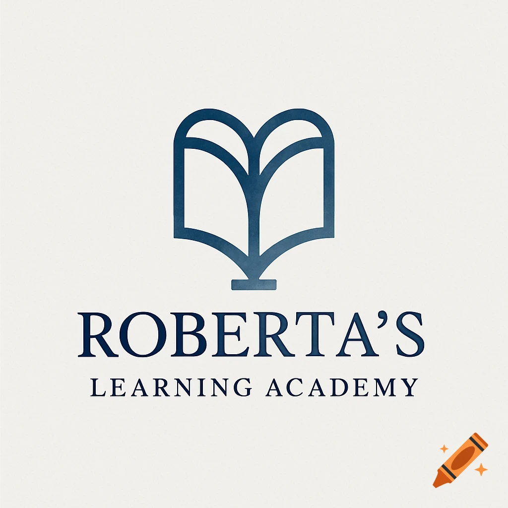 Professional logo for Roberta's Learning Academy featuring a stylized blue open book icon above ...