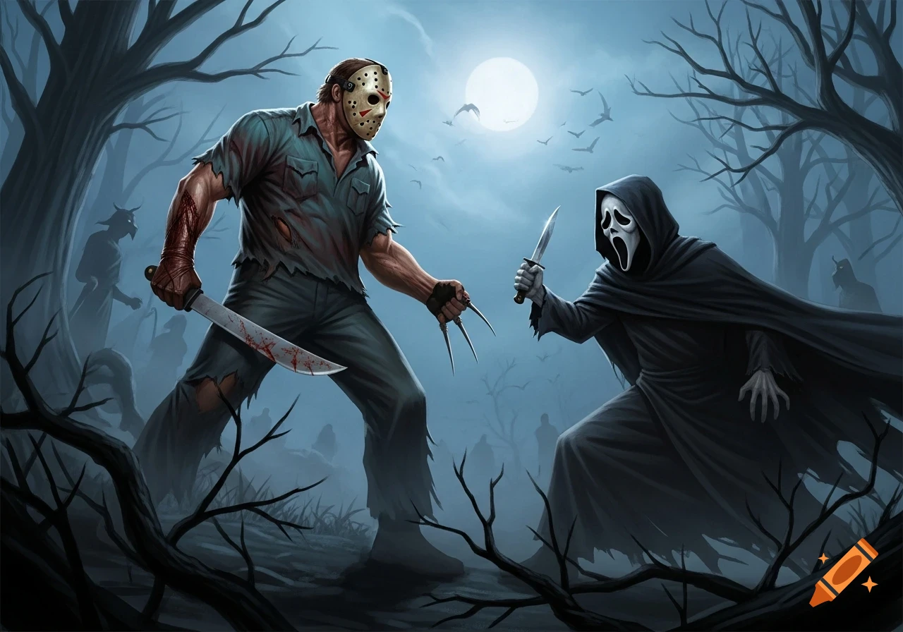 Jason Voorhees with a bloody machete faces Ghostface with a knife in a ...