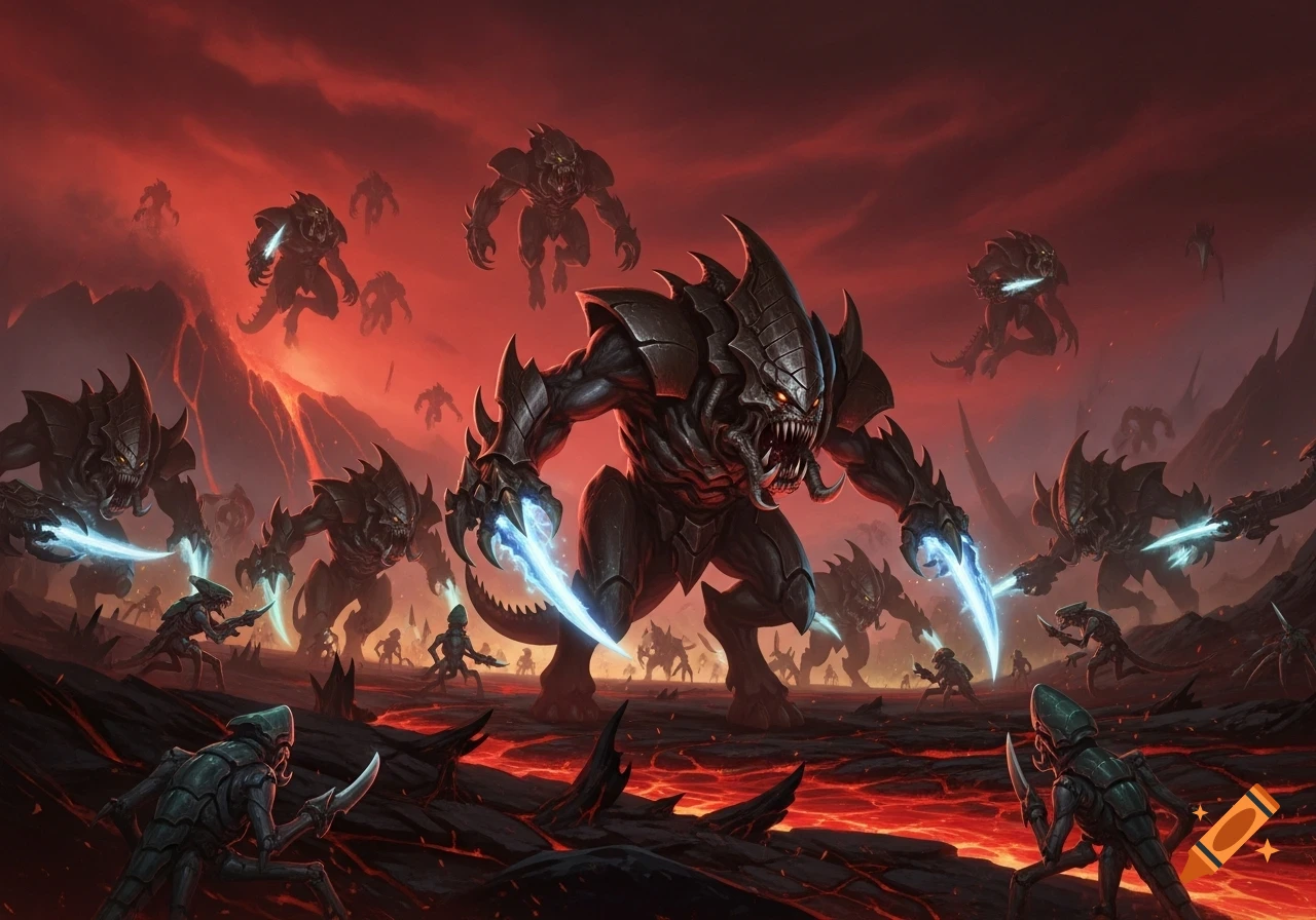A massive swarm of menacing Zerg-like alien creatures with sharp claws ...