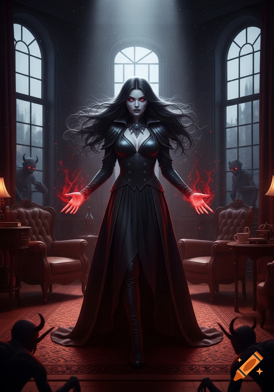A powerful vampire woman with glowing red eyes, dressed in black ...