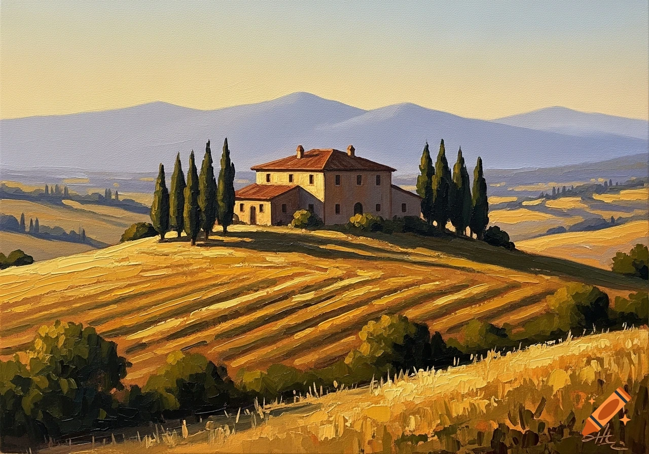 An expressive acrylic painting depicts a Tuscan farmhouse on a sunlit ...