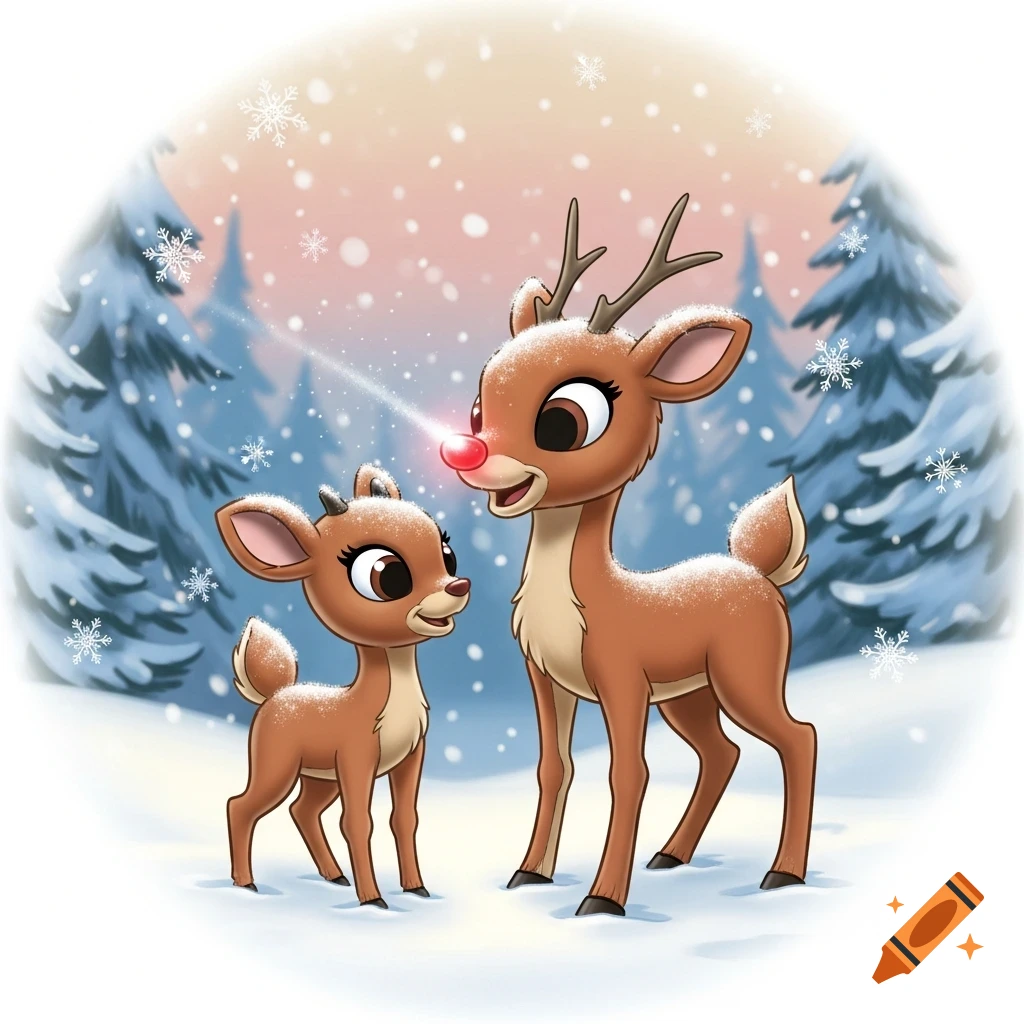 Cartoon Rudolph the Red-Nosed Reindeer and a smaller reindeer stand in ...