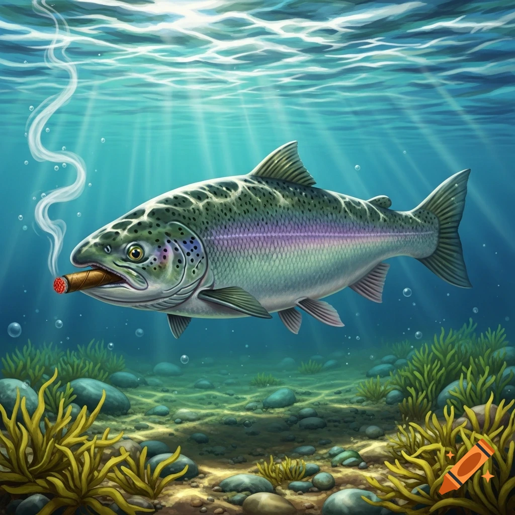 A salmon with green and purple scales smokes a cigar underwater, with ...