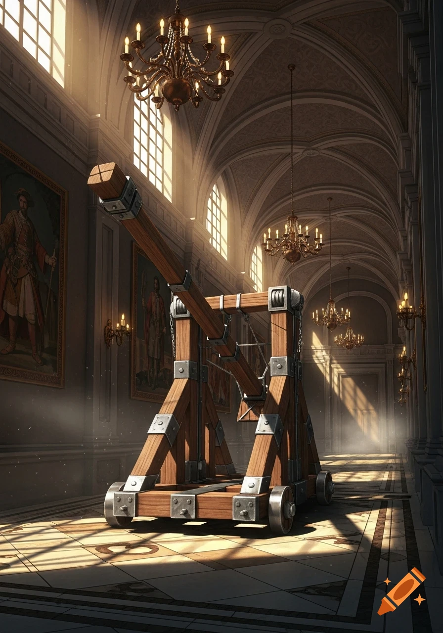 A large wooden catapult stands in the center of a grand, sunlit arched ...
