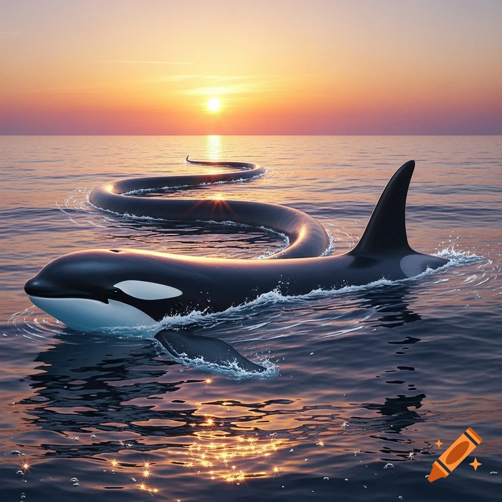 A photorealistic fantasy creature, an anaconda with an orca head, swims ...