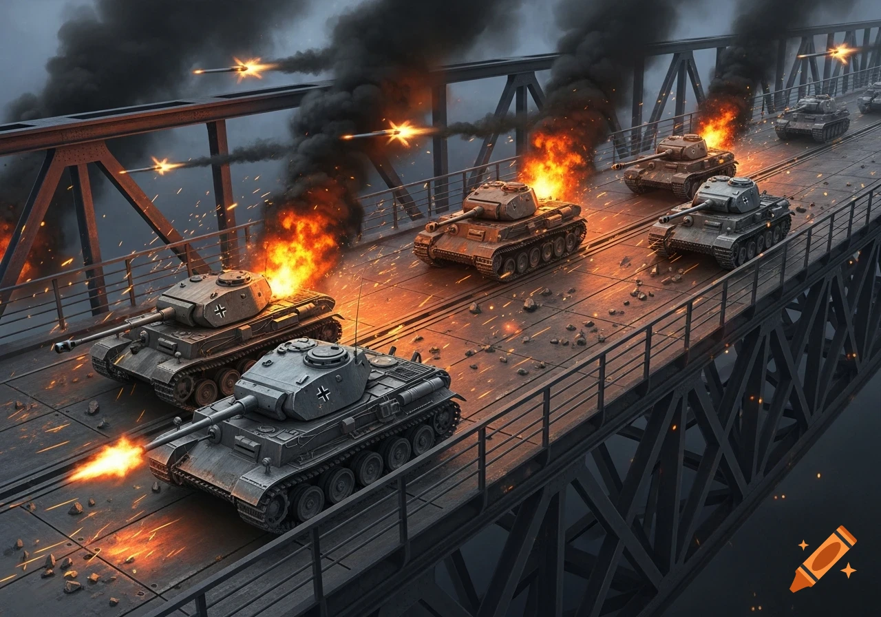 WW2 tanks cross an iron bridge under attack, with some tanks burning ...