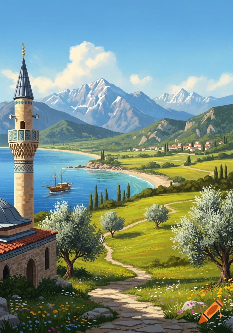 A vibrant painting of a coastal landscape featuring a minaret, a calm ...