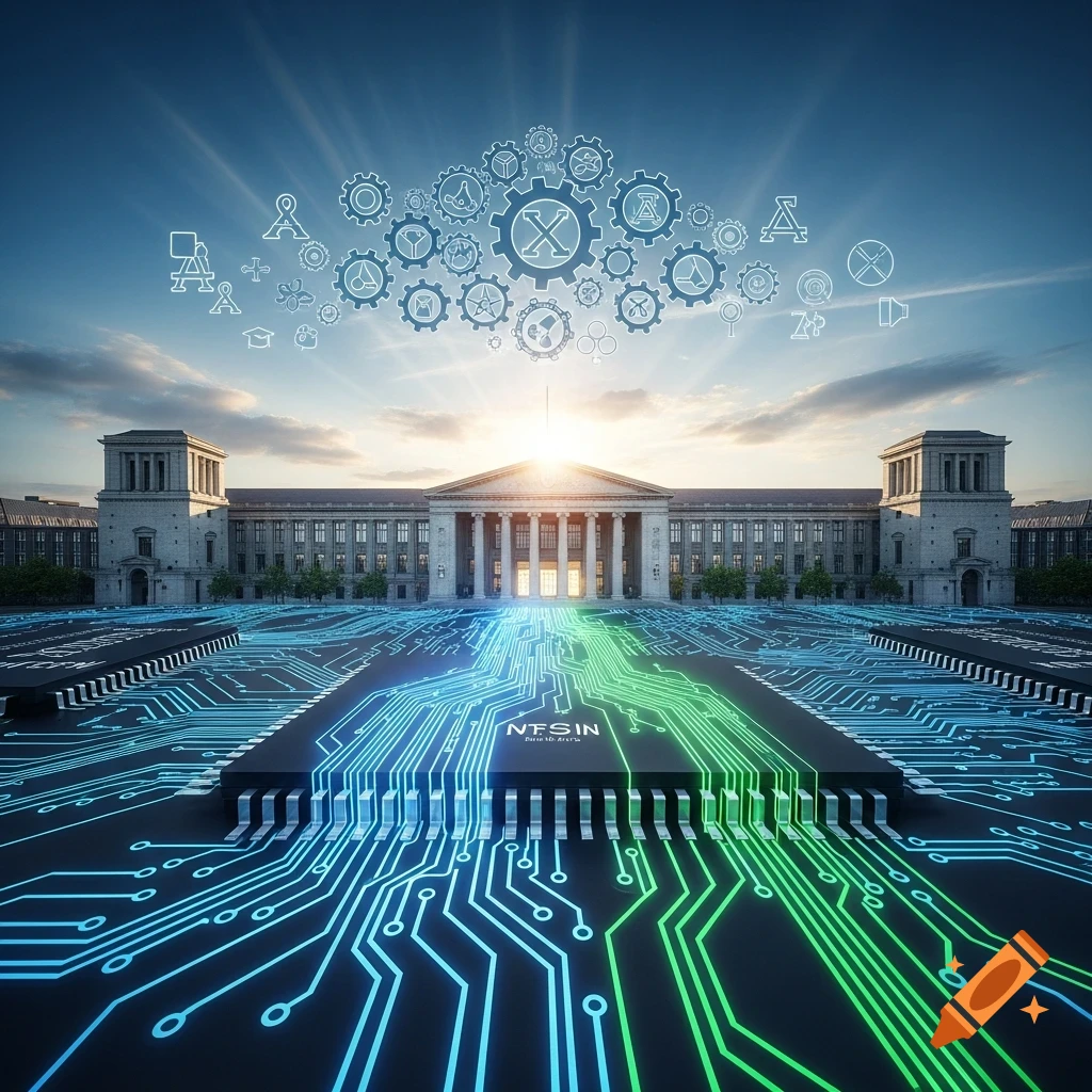 A grand university building at sunset, with a digital circuit board ...