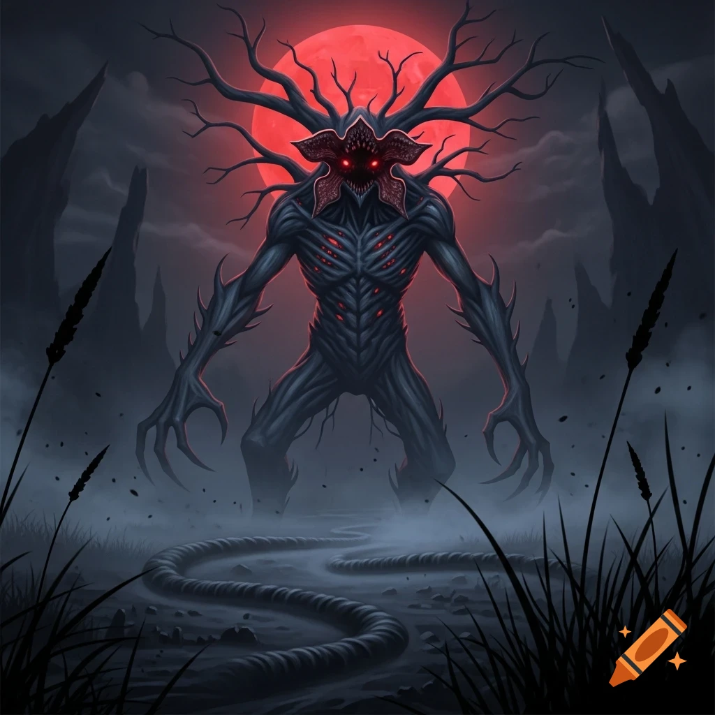 A terrifying Demogorgon-like monster with glowing red eyes and branches ...