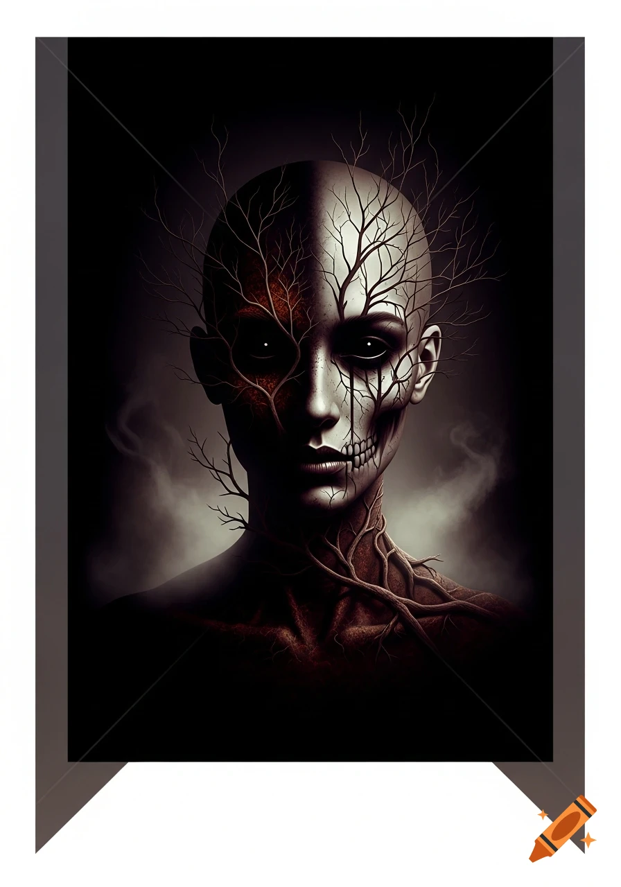 A dark, surreal portrait of a bald person with a split face, one side ...