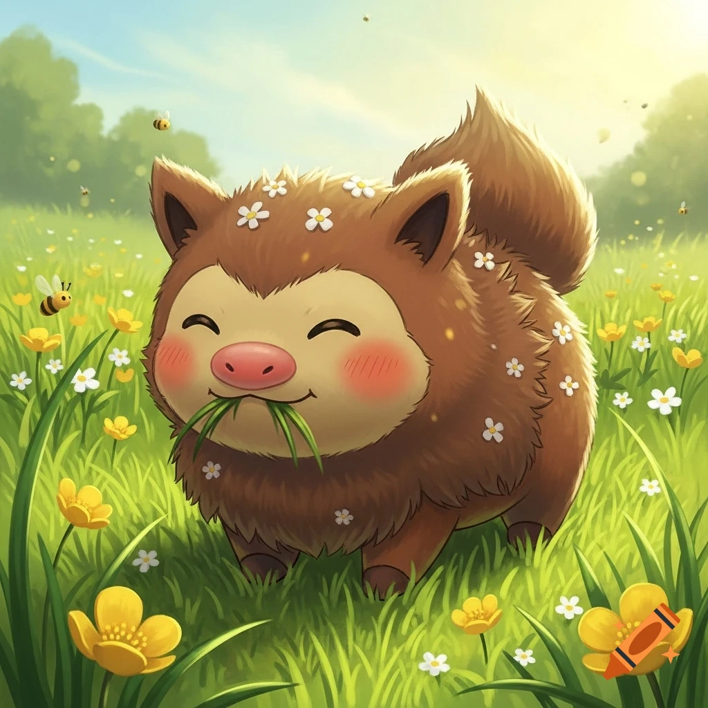 A cute, brown, pig-like creature with flowers on its fur eats grass in ...