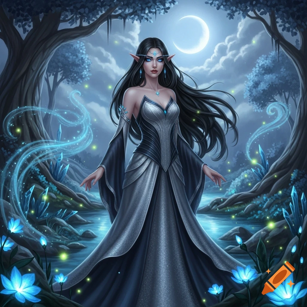 A dark-haired elf with blue eyes stands in an ethereal, moonlit forest with glowing crystals and ...