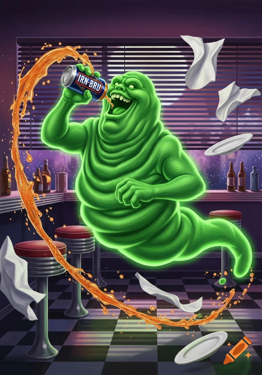 Green cartoon ghost Slimer joyfully spills orange Irn-Bru while ...
