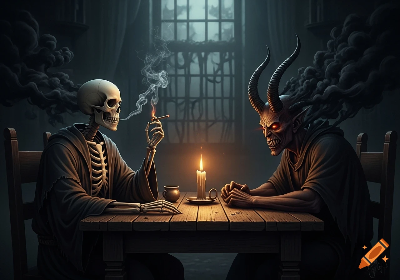 Hyper-realistic digital painting of a skeleton smoking a cigarette ...