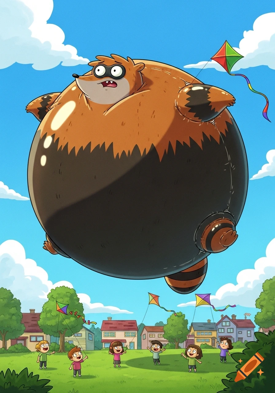 Rigby from Regular Show, inflated like a giant brown and black balloon ...