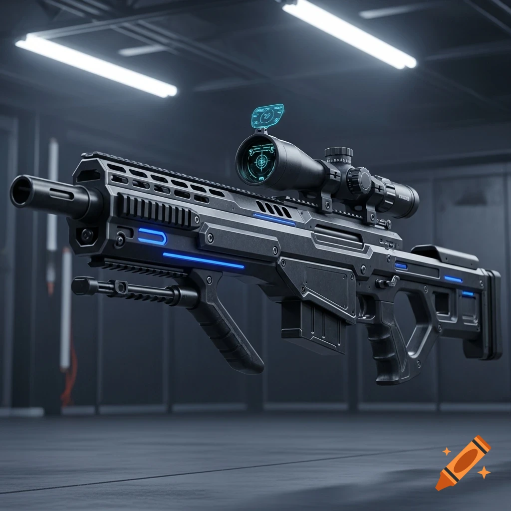 A detailed, futuristic black sniper rifle with blue glowing accents and ...