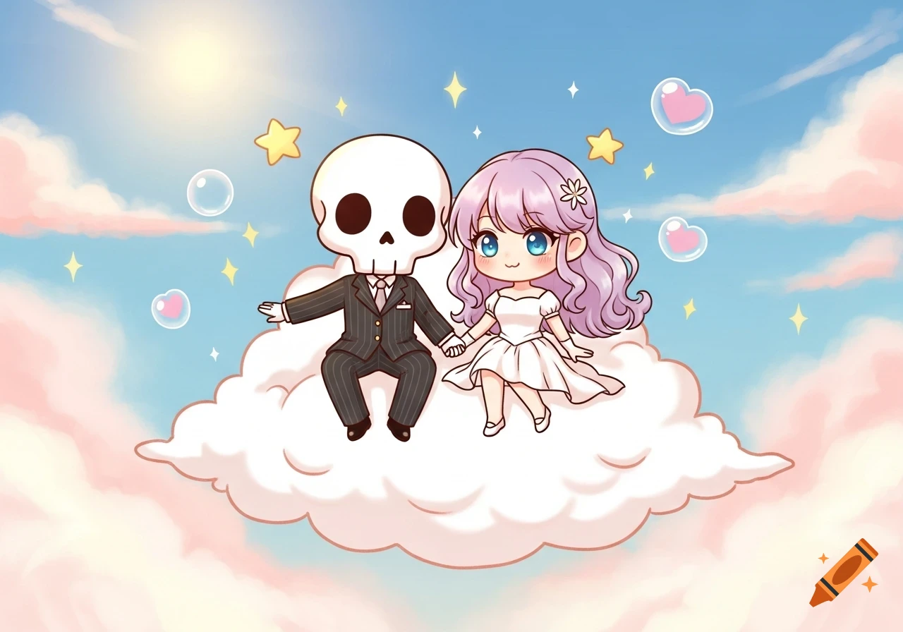 Chibi skull-headed man in a suit and a purple-haired woman in a white ...