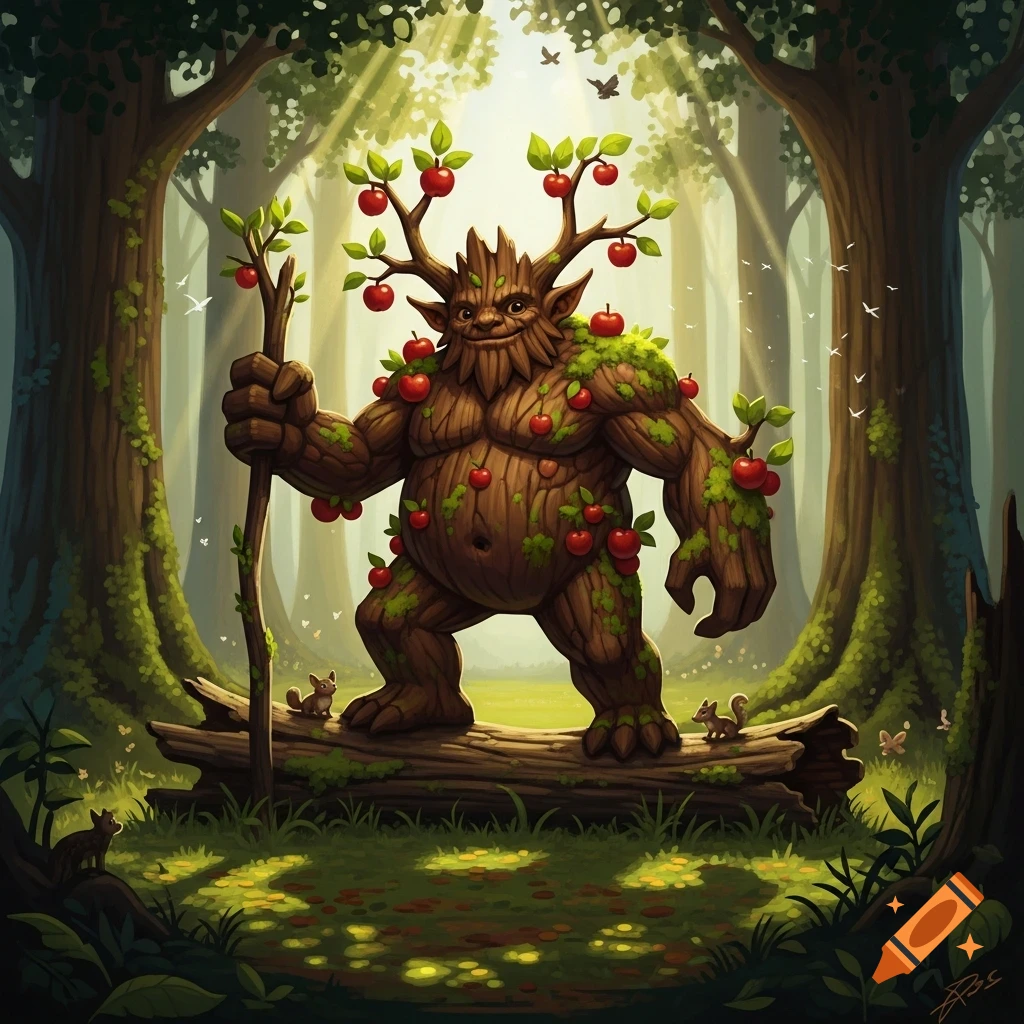 A friendly, muscular tree creature with apple branches for antlers and ...