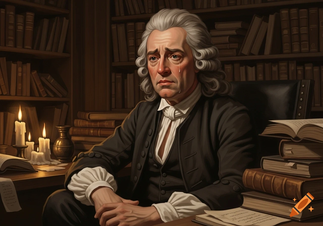 A solemn man resembling John Locke, with a white wig, cries in a dimly ...