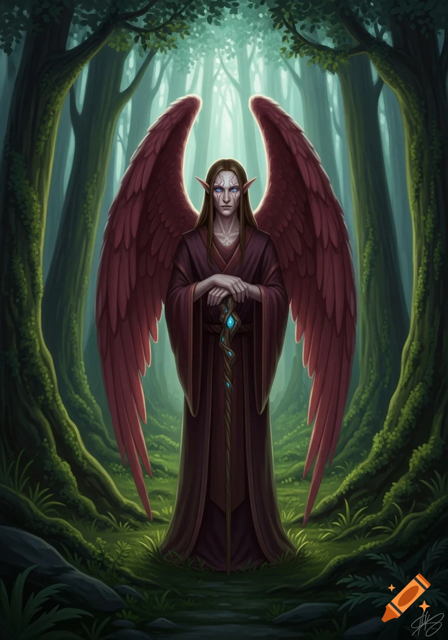 Androgynous winged humanoid in maroon robes stands in a mystical forest ...