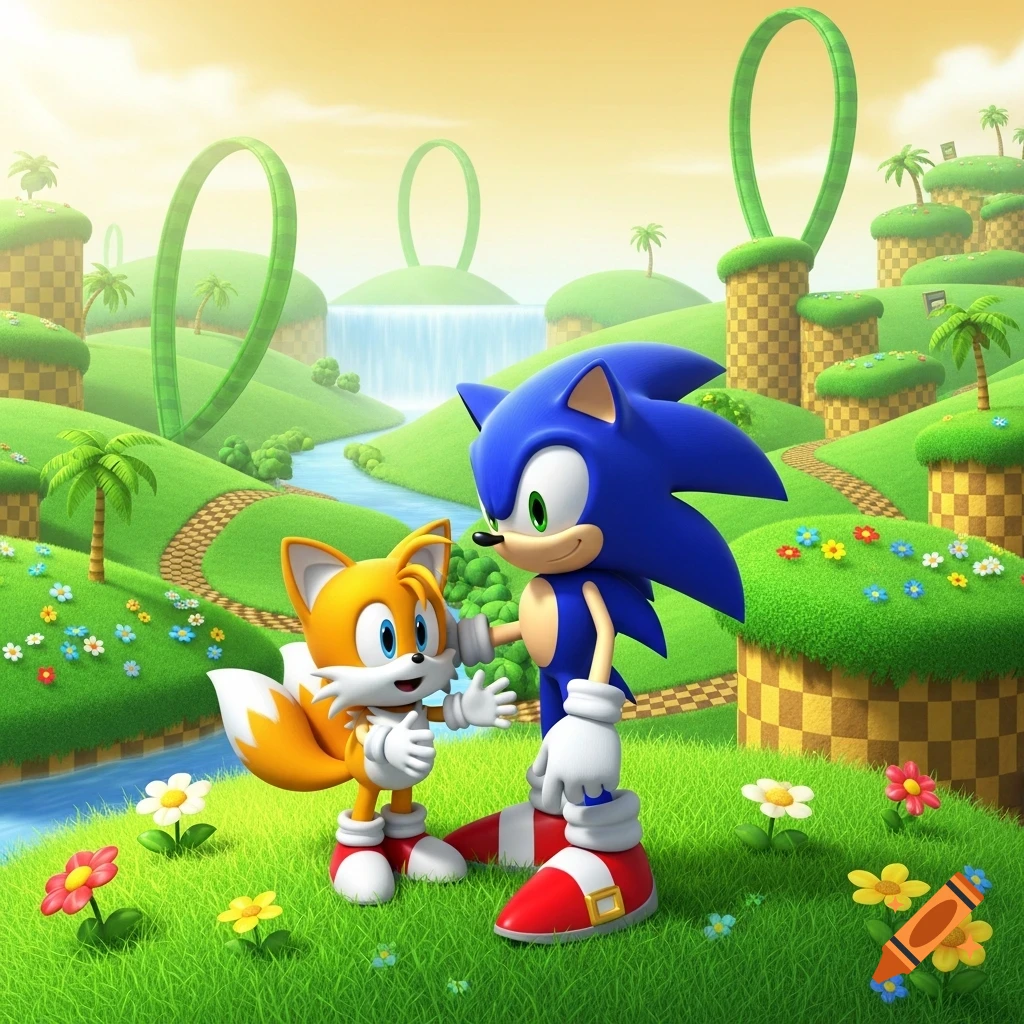 Sonic and Tails stand in Green Hill Zone with waterfalls, checkerboard ...