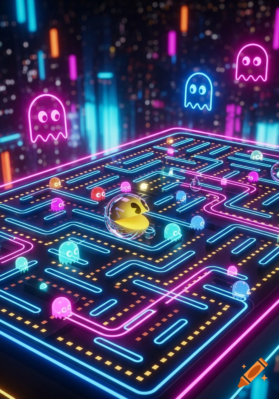 Vibrant neon-lit Pac-Man maze with a translucent Pac-Man and glowing ...