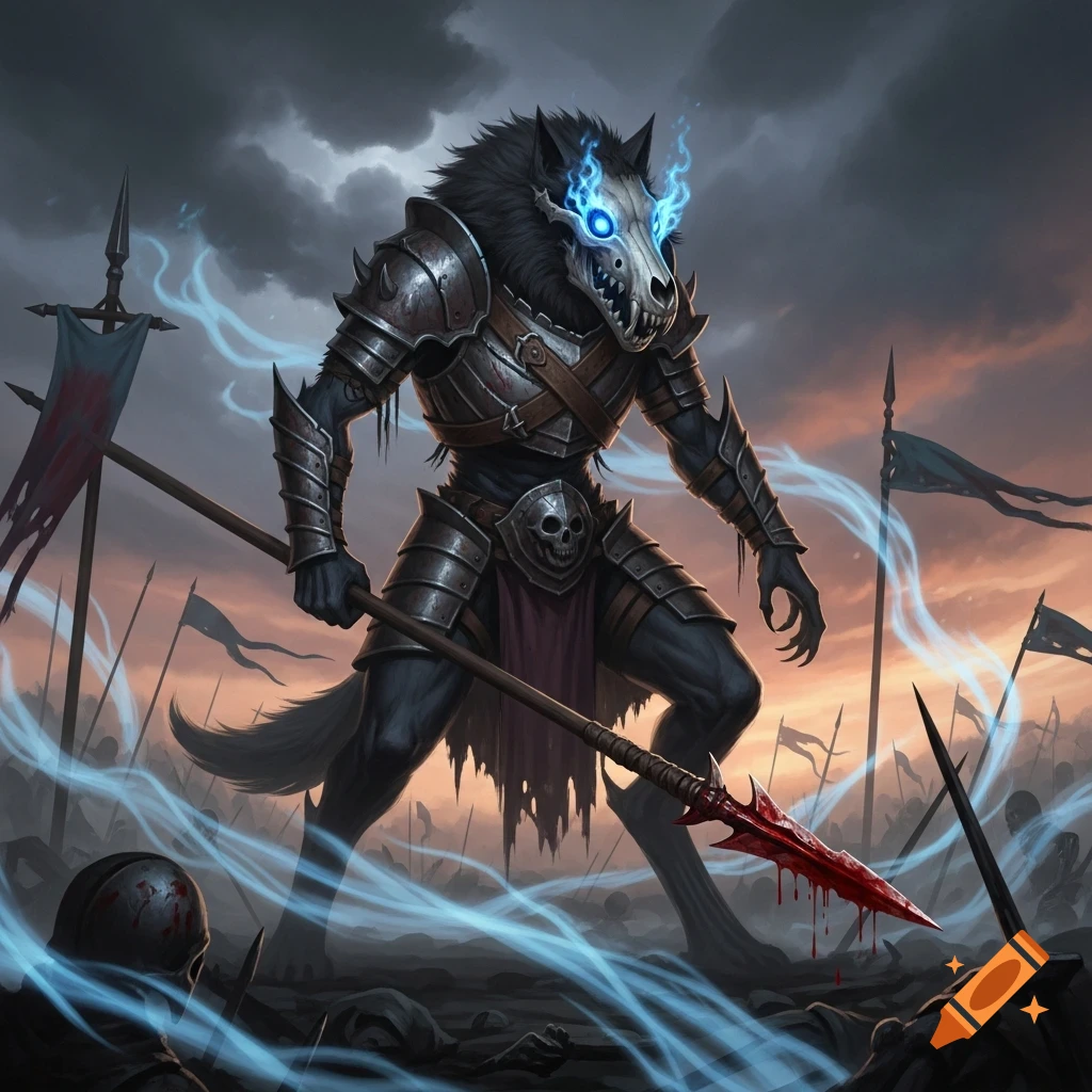 A dark fantasy illustration of an undead werewolf warrior with a wolf ...