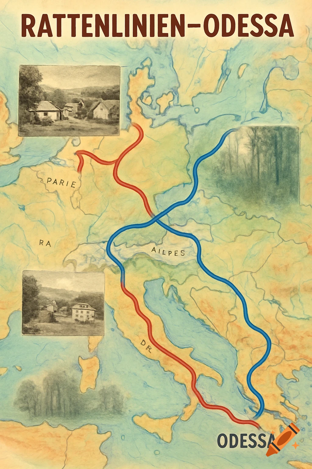 A colored pencil style map of Europe showing red and blue routes across ...