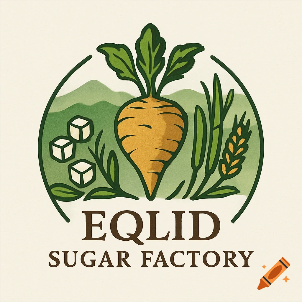 A stylized logo for Eqlid Sugar Factory featuring a sugar beet, sugar ...