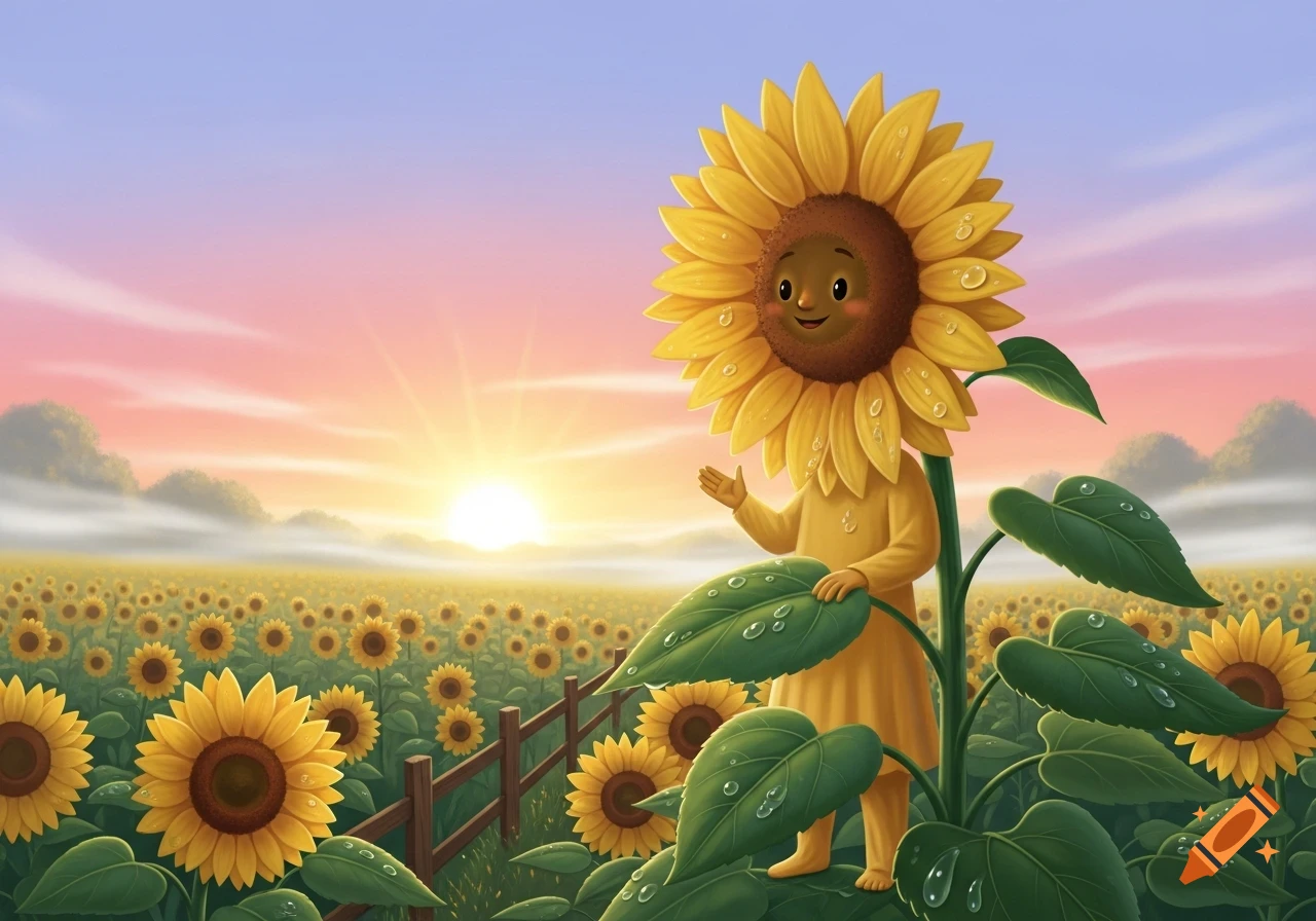 A happy, cartoon sunflower character with a human-like body waves in a ...