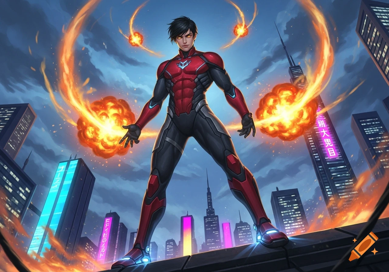 A young male superhero in a red and black tech suit stands on a city ...