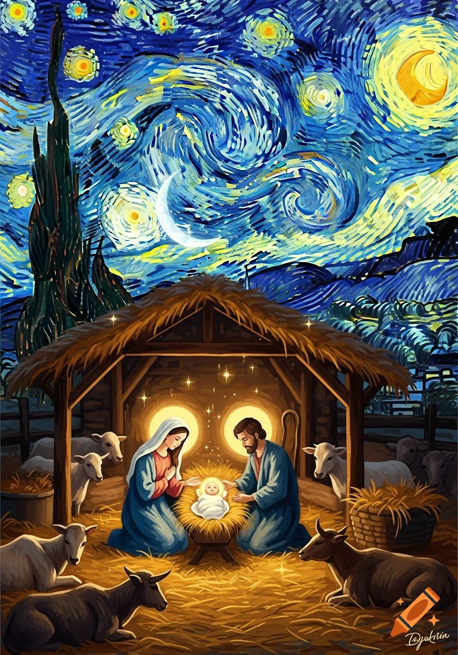 A stylized Nativity scene featuring Mary and Joseph kneeling by baby ...