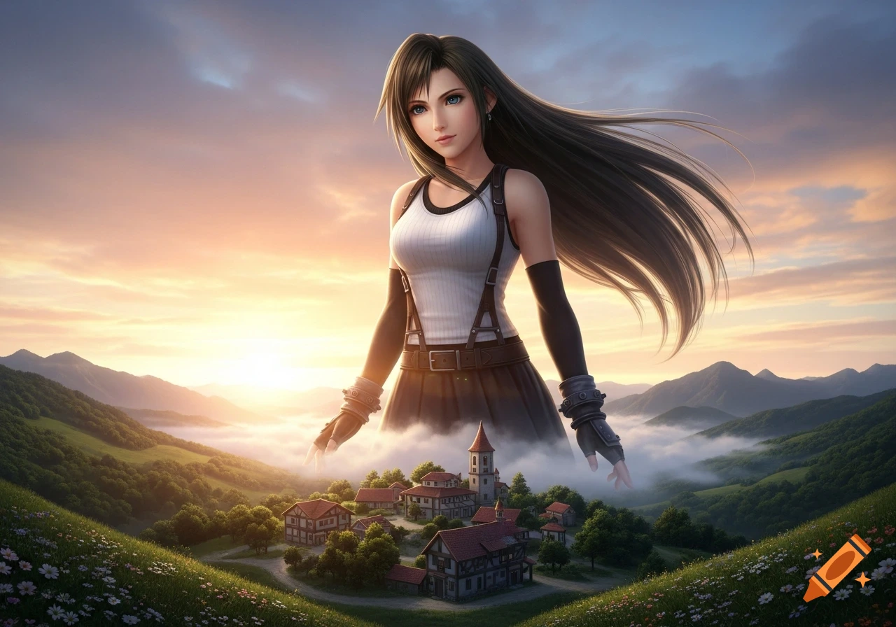 Giant Tifa from Final Fantasy VII overlooks a village and misty valley ...
