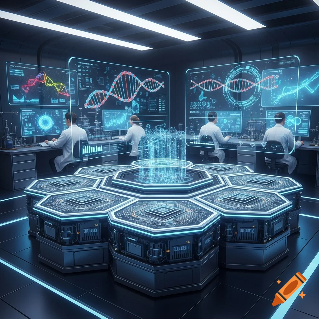 A futuristic laboratory with scientists working at computers ...