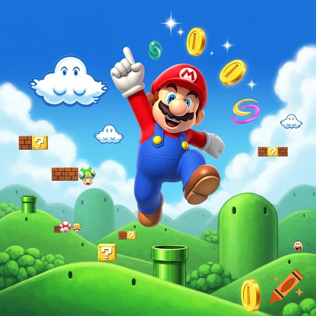 Super Mario jumping with coins and question blocks in a vibrant green ...