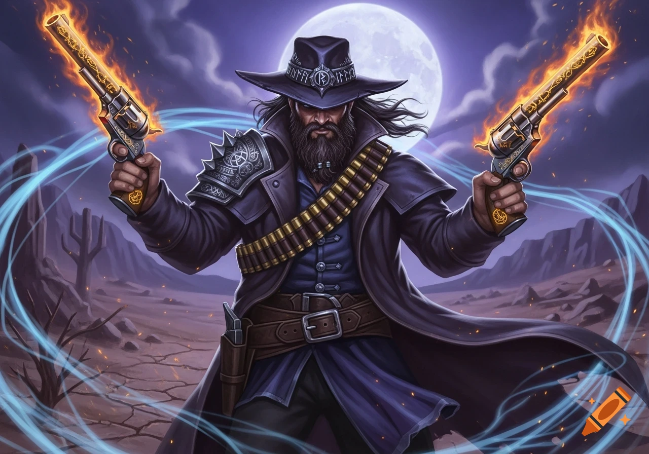 A bearded warlock in a dark coat and wide-brimmed hat holds two flaming ...